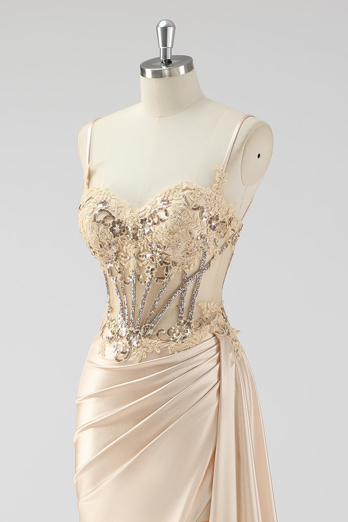 Zapaka Women Silver Satin Ball Dress With Slit Mermaid Pleated Sheer Long Corset Sequin Evening ...