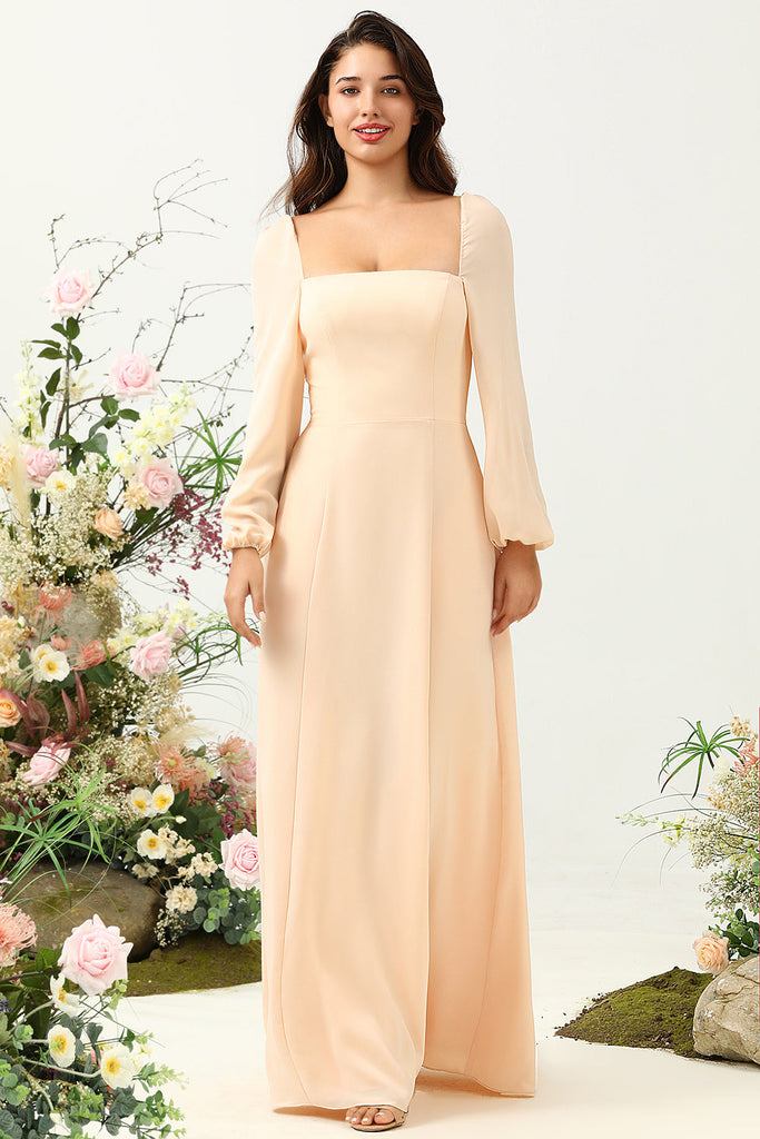 Zapaka Women Peach Long Bridesmaid Dress With Sleeves Chiffon Square